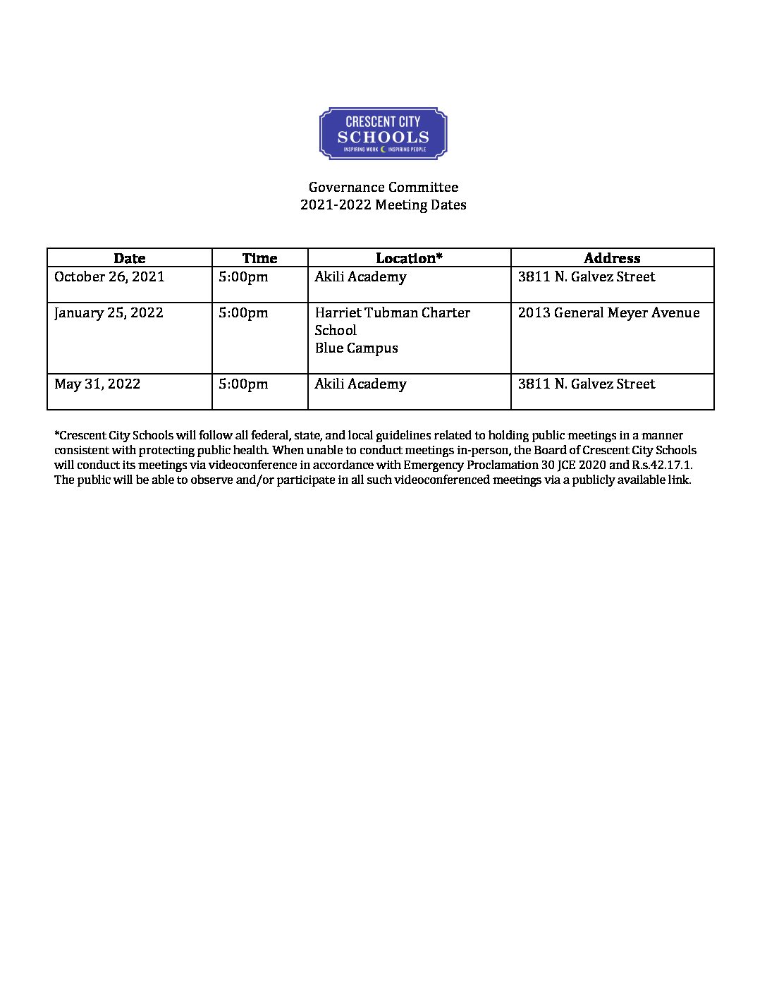 2021-22 CCS Governance Committee Meeting Schedule.RevMarch | Crescent ...