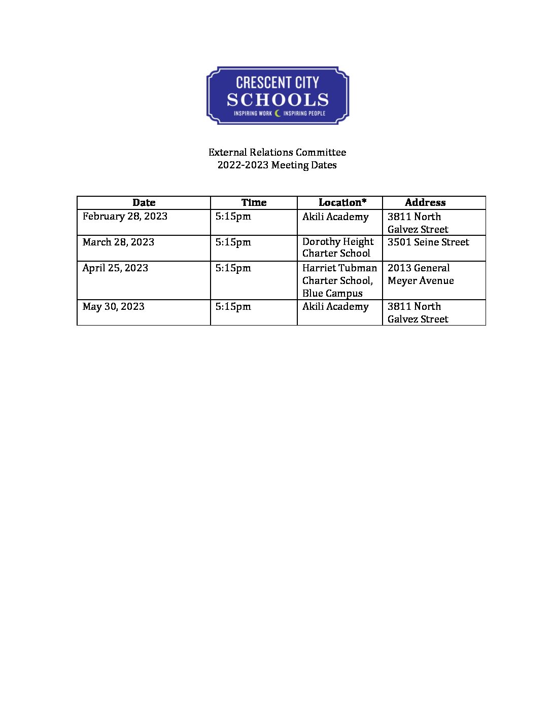 2022-23 CCS External Relations Committee Meeting Schedule | Crescent ...