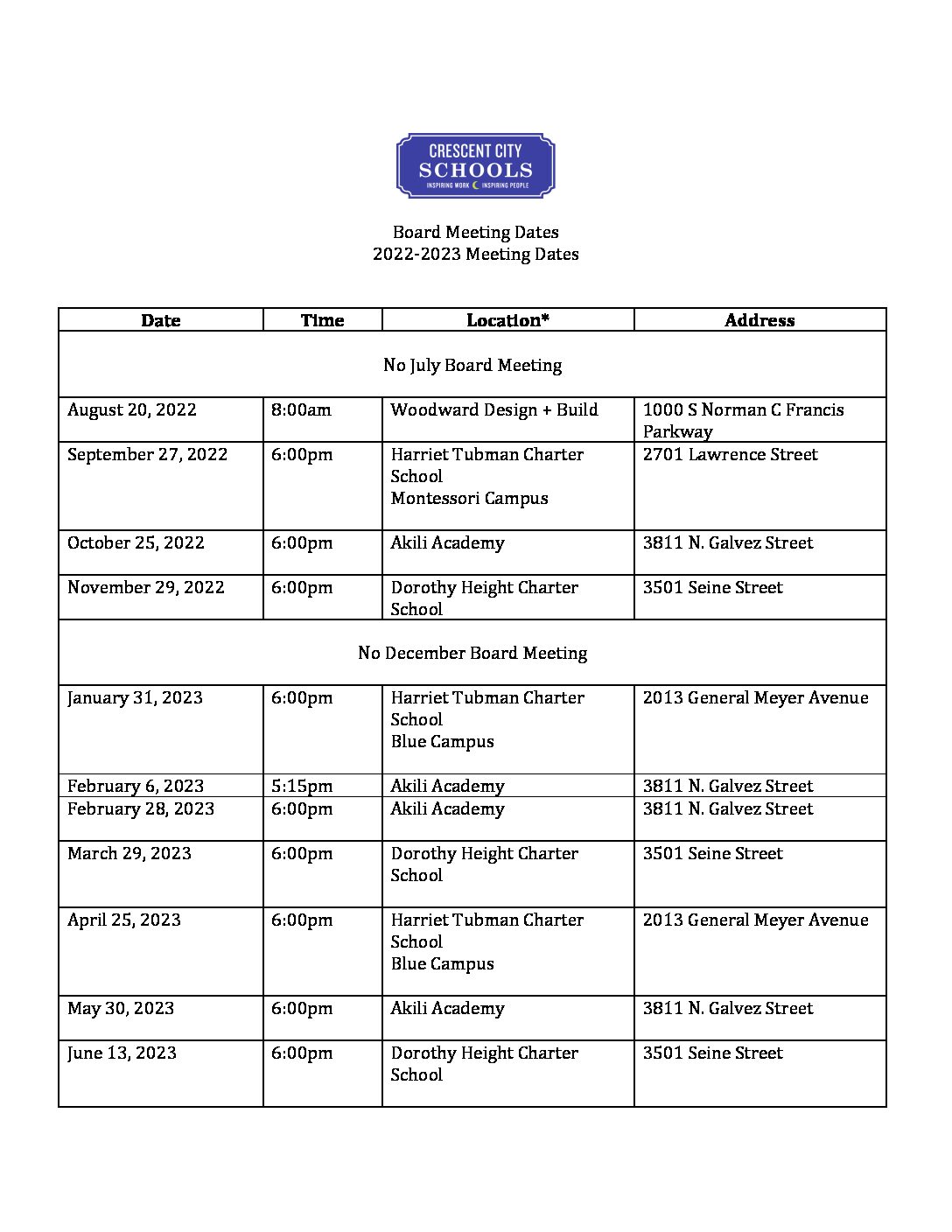 2022-23 CCS Board Meeting Schedule V3 | Crescent City Schools